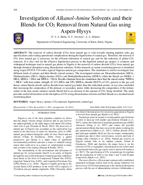 (PDF) Investigation of Alkanol-Amine Solvents and their Blends for CO2 ...
