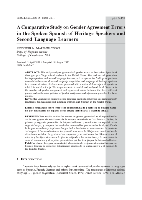 (PDF) A comparative study on gender agreement errors in the spoken spanish of heritage speakers ...