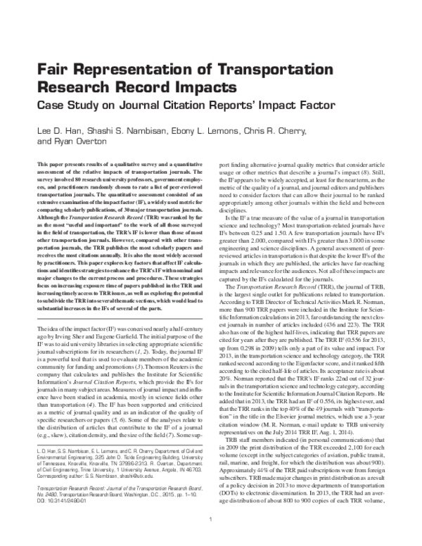 (PDF) Fair Representation of Transportation Research Record Impacts