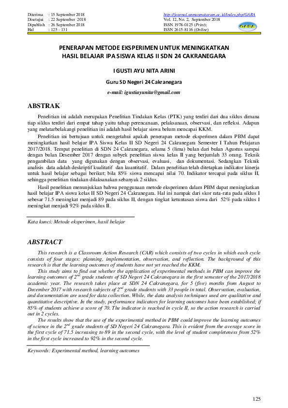 (PDF) Penerapan Metode Eksperimen Untuk Meningkatkan Hasil Belajar Ipa Siswa Kelas II SDN 24 ...