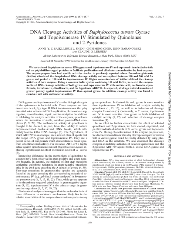 (PDF) DNA Cleavage Activities of Staphylococcus aureus Gyrase and Topoisomerase IV Stimulated by ...