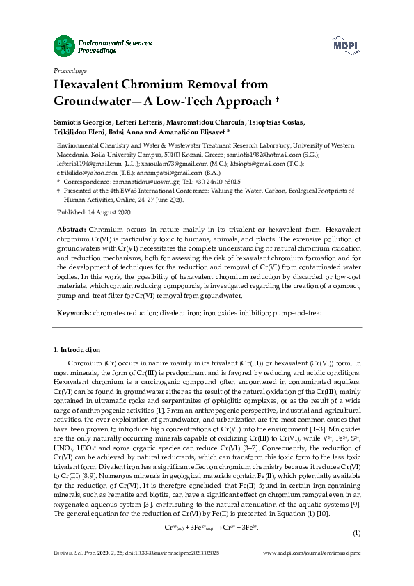 (PDF) Hexavalent Chromium Removal from Groundwater—A Low-Tech Approach