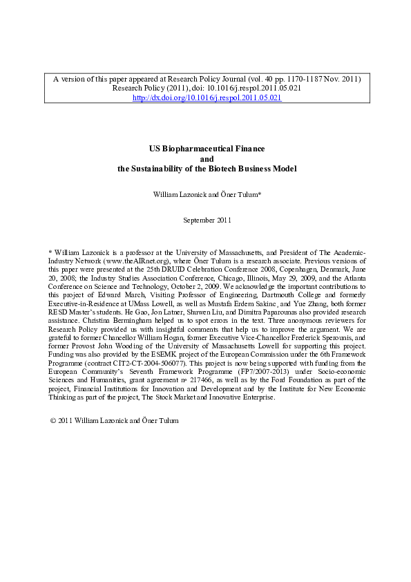 (PDF) US Biopharmaceutical Finance and the Sustainability of the ...