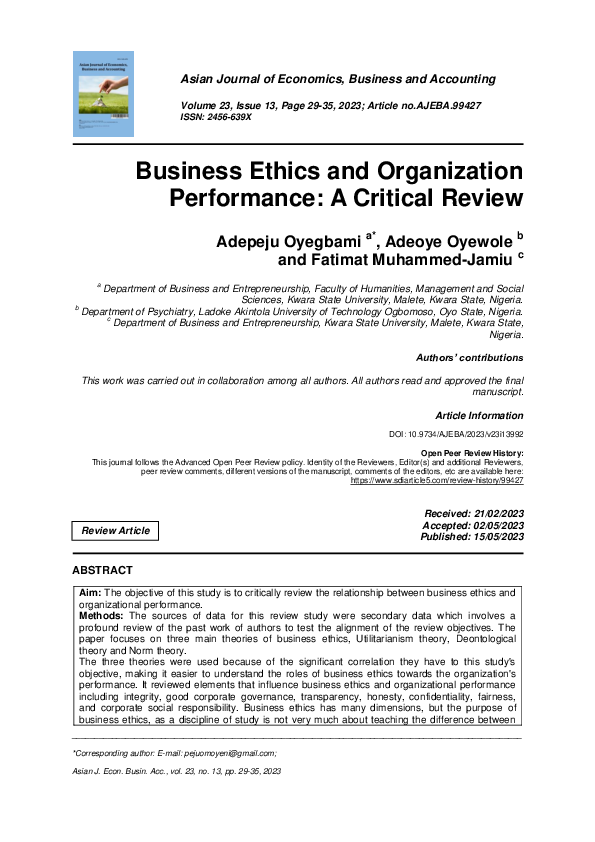 (PDF) Business Ethics and Organization Performance: A Critical Review