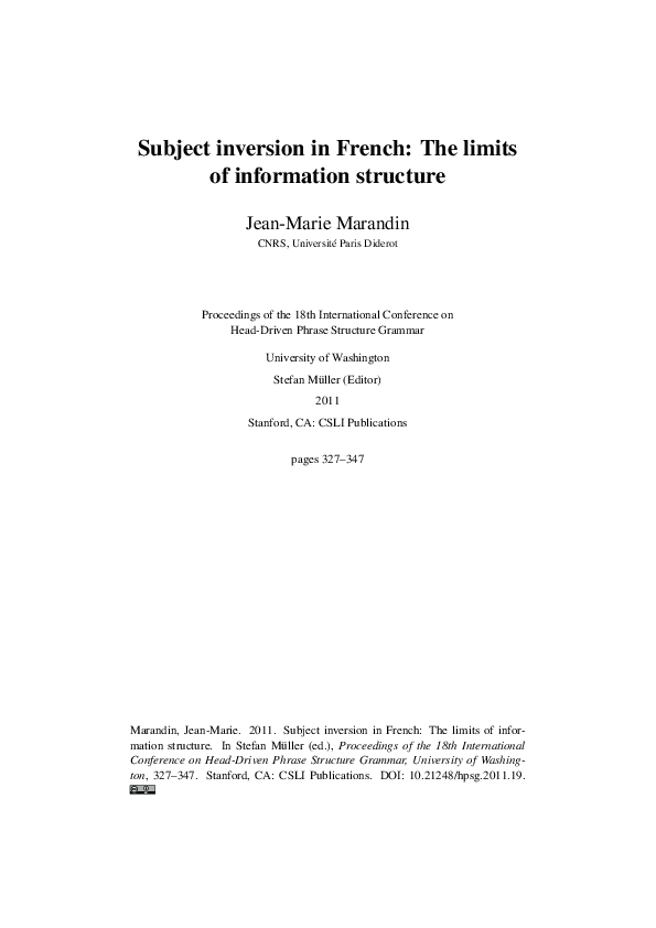 (PDF) Subject inversion in French: The limits of information structure