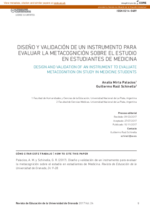 (PDF) Design and Validation of an Instrument to Evaluate Metacognition on Study in Medicine Students