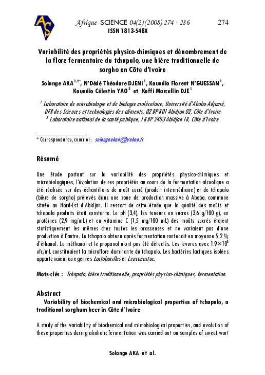 (PDF) Variabilité des propriétés physico-chimiques et dénombrement de ...