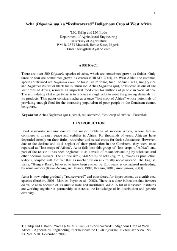 (PDF) Acha (Digitaria spp.) a "Rediscovered" Indigenous Crop of West ...