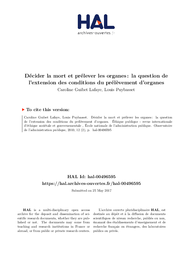 (PDF) Décider la mort et prélever les organes : la question de l ...