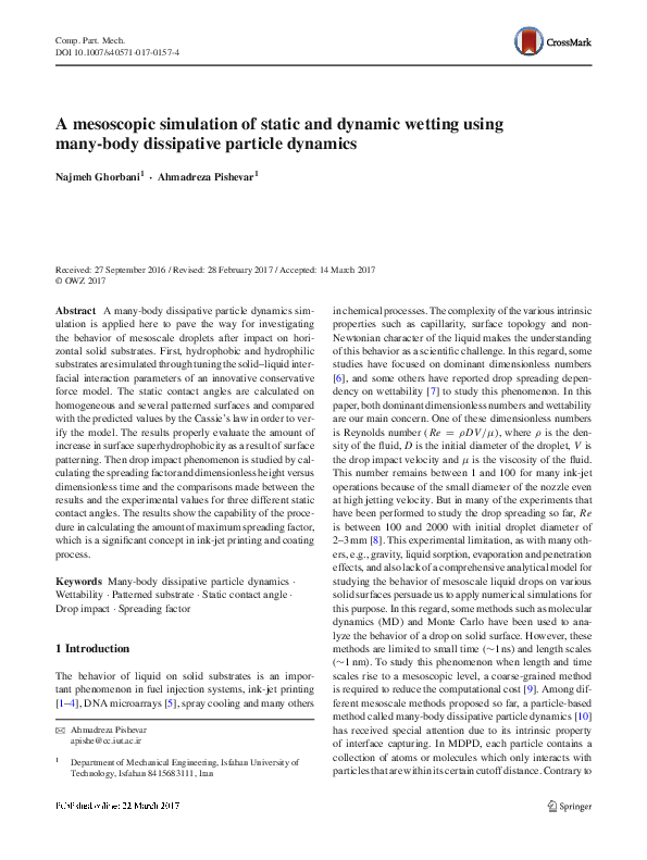 (PDF) A mesoscopic simulation of static and dynamic wetting using many-body dissipative particle ...