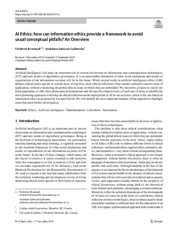 (PDF) AI Ethics: how can information ethics provide a framework to avoid usual conceptual ...