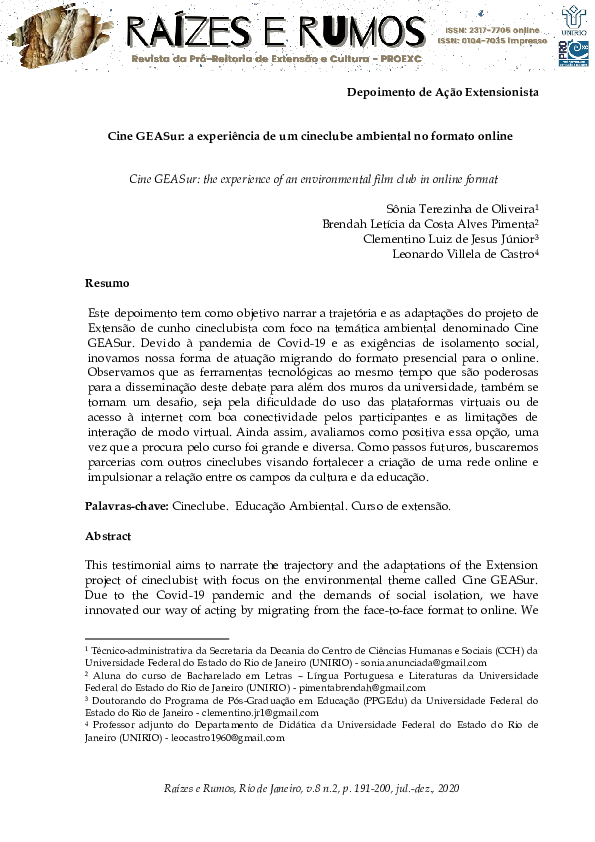 (PDF) Cine GEASur: a experiência de um cineclube ambiental no formato ...