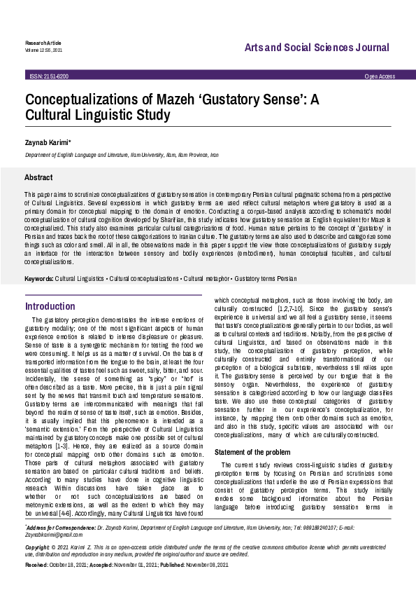 Pdf Conceptualizations Of Mazeh Gustatory Sense A Cultural