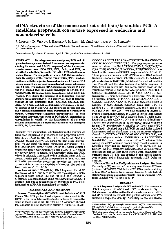 Pdf Cdna Structure Of The Mouse And Rat Subtilisin Kexin Like Pc5 A
