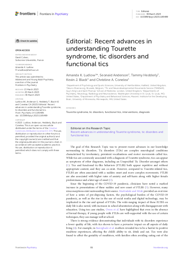 Pdf Editorial Recent Advances In Understanding Tourette Syndrome