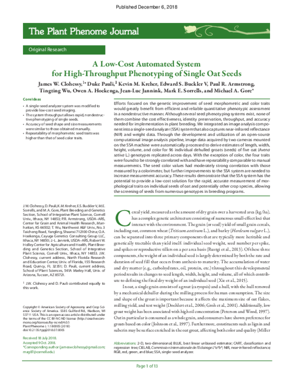 (PDF) A Low‐Cost Automated System for High‐Throughput Phenotyping of Single Oat Seeds