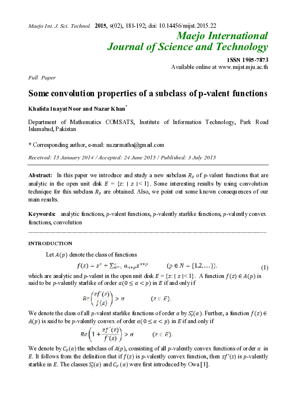 (PDF) Some convolution properties of a subclass of p-valent functions