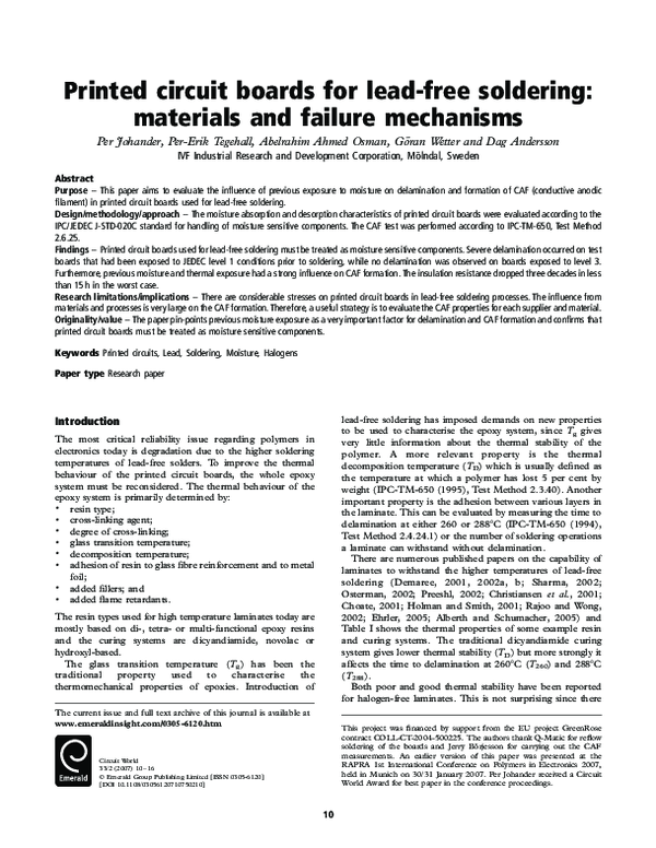 Pdf Printed Circuit Boards For Lead‐free Soldering Materials And