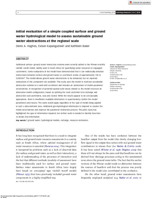 (PDF) Initial evaluation of a simple coupled surface and ground water hydrological model to ...