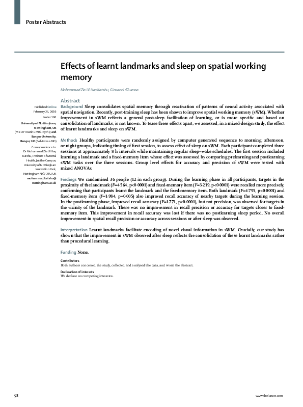 (PDF) Effects of learnt landmarks and sleep on spatial working memory | Giovanni D'Avossa ...