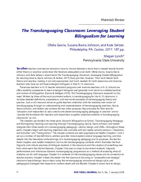(PDF) The translanguaging classroom: leveraging student bilingualism for learning, by O. García ...