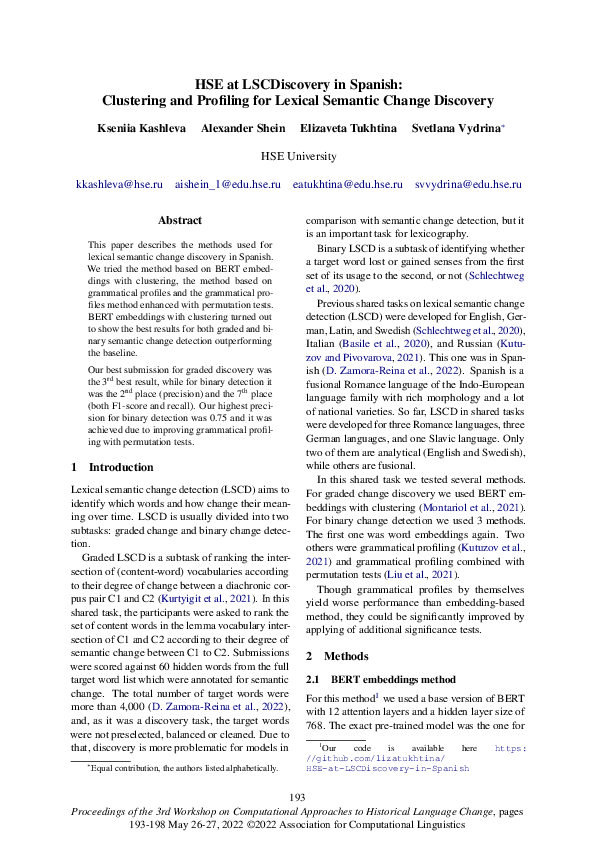 (PDF) HSE at LSCDiscovery in Spanish: Clustering and Profiling for Lexical Semantic Change Discovery
