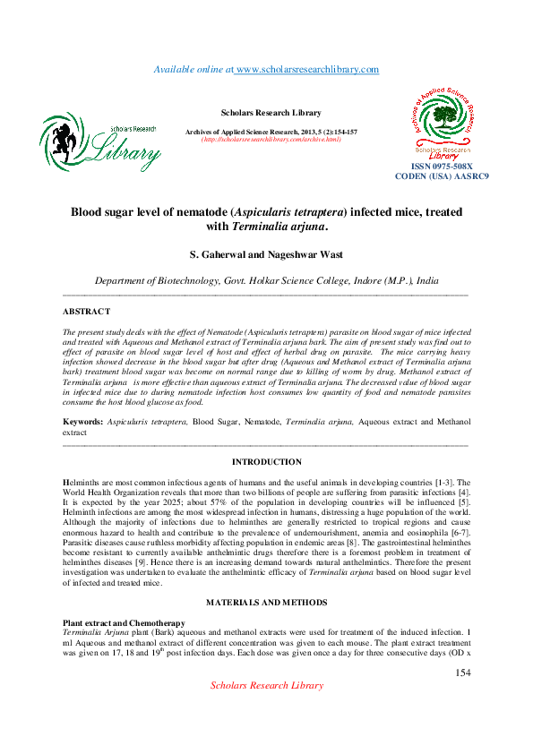 (PDF) Blood sugar level of nematode (Aspicularis tetraptera) infected ...