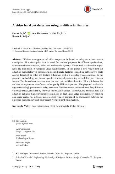 (PDF) A video hard cut detection using multifractal features | Goran Zajić - Academia.edu