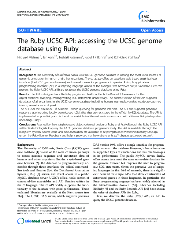 Pdf The Ruby Ucsc Api Accessing The Ucsc Genome Database Using Ruby