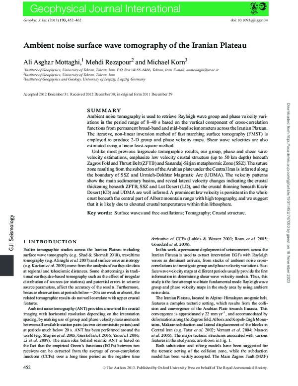Pdf Ambient Noise Surface Wave Tomography Of The Iranian Plateau Mehdi Rezapour