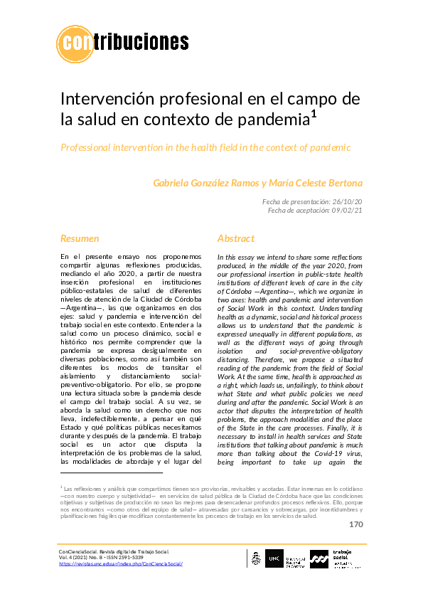 (PDF) Intervención profesional en el campo de la salud en contexto de pandemia