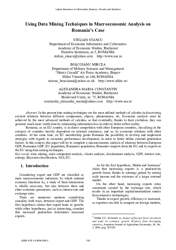 (PDF) Using Data Mining Techniques in Macroeconomic Analysis on Romania’s Case
