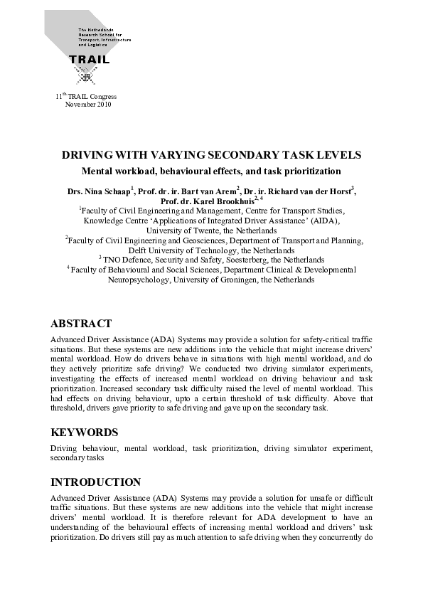 (PDF) Driving with varying secondary task levels: mental workload ...