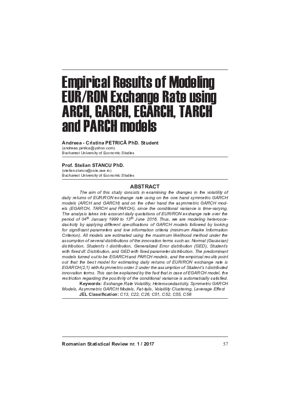 (PDF) Empirical Results of Modeling EUR/RON Exchange Rate using ARCH ...
