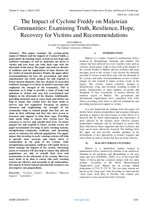 (PDF) The Impact of Cyclone Freddy on Malawian Communities: Examining ...