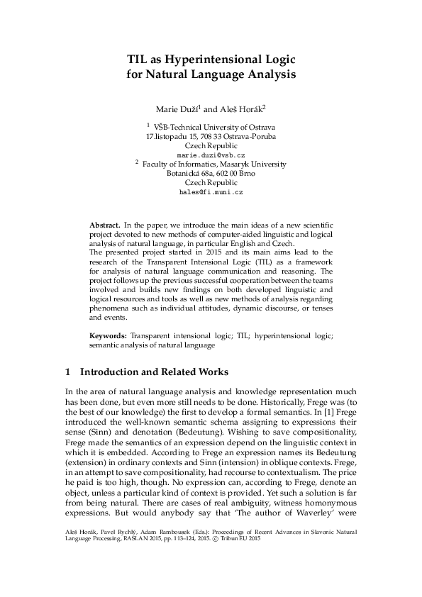 (PDF) TIL as Hyperintensional Logic for Natural Language Analysis | Aleš Horák - Academia.edu