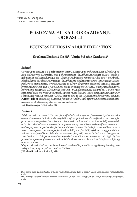 (PDF) Poslovna Etika U Obrazovanju Odraslih