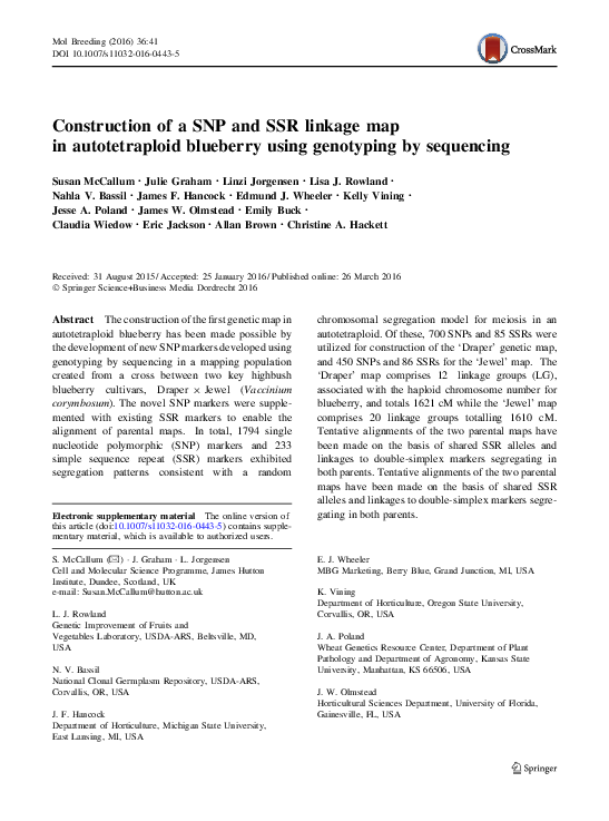 (PDF) Construction of a SNP and SSR linkage map in autotetraploid blueberry using genotyping by ...