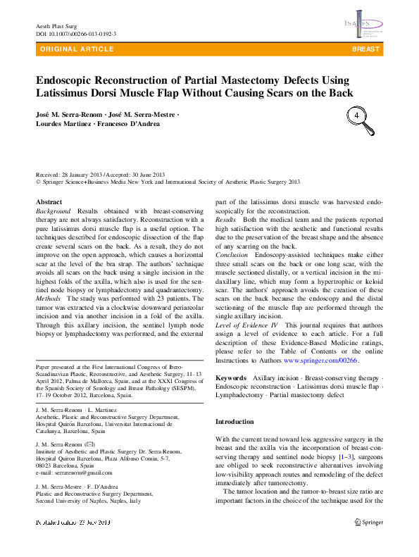 Pdf Endoscopic Reconstruction Of Partial Mastectomy Defects Using Latissimus Dorsi Muscle Flap