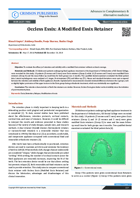 (PDF) Occless Essix: A Modified Essix Retainer | Kuldeep Dmello ...