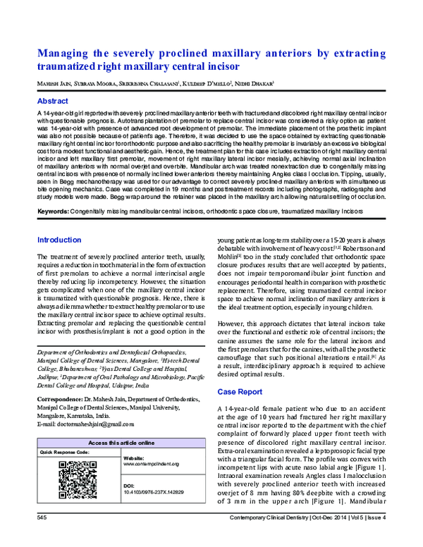 (PDF) Orthodontic Management of Proclined Maxillary Anters
