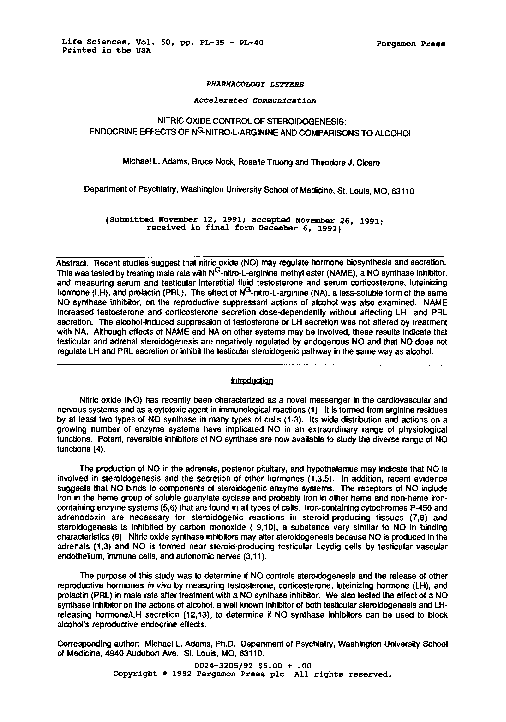 (PDF) Nitric oxide control of steroidogenesis: Endocrine effects of NG ...