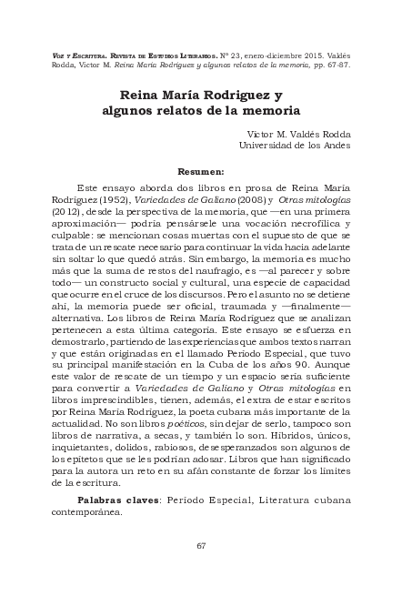(PDF) Reina María Rodriguez y algunos relatos de la memoria
