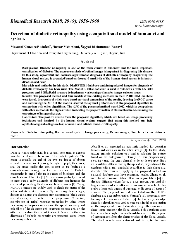 Detection of diabetic retinopathy using computational model of human visual system