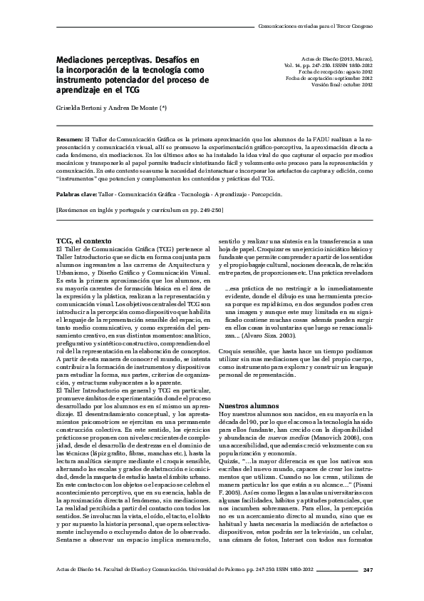 (PDF) Mediaciones perceptivas. Desafíos en la incorporación de la tecnología como instrumento ...