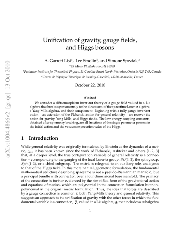 (PDF) Unification of gravity, gauge fields and Higgs bosons