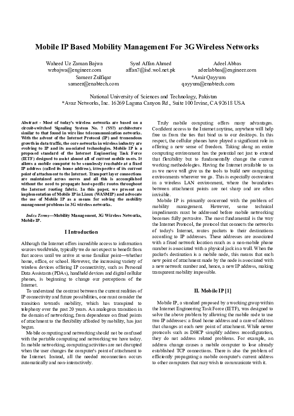 Pdf Mobile Ip Based Mobility Management For 3g Wireless Networks