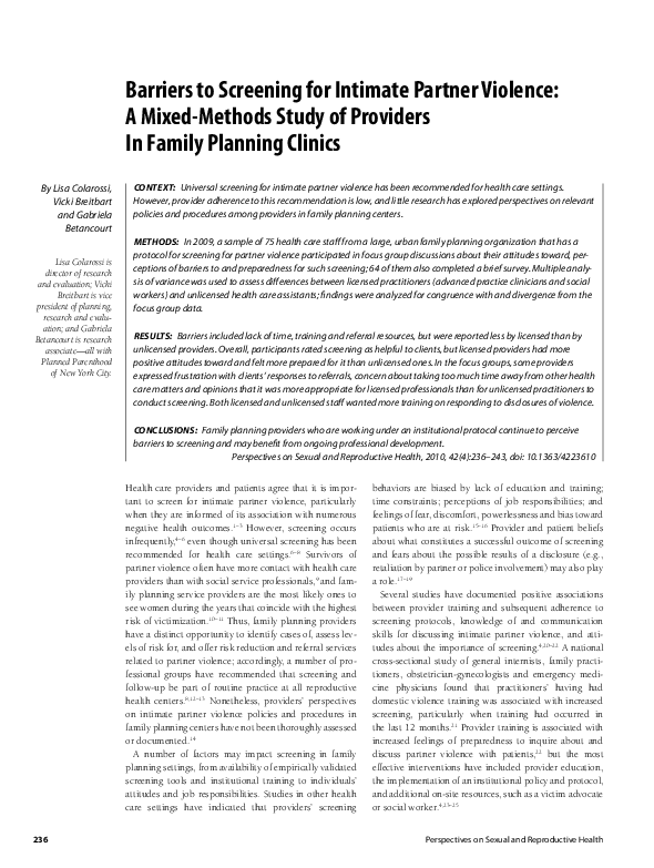 (PDF) Barriers to Screening for Intimate Partner Violence: A Mixed-Methods Study of Providers In ...
