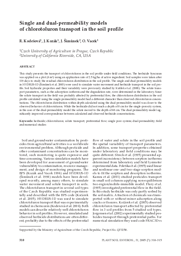 (PDF) Single and dual-permeability models of chlorotoluron transport in the soil profile