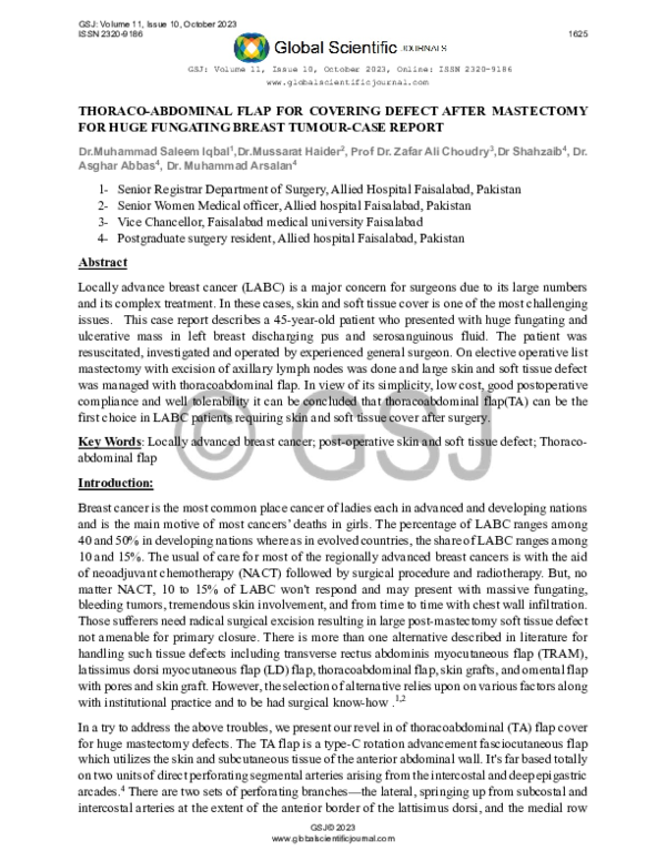 (PDF) THORACO-ABDOMINAL FLAP FOR COVERING DEFECT AFTER MASTECTOMY FOR ...